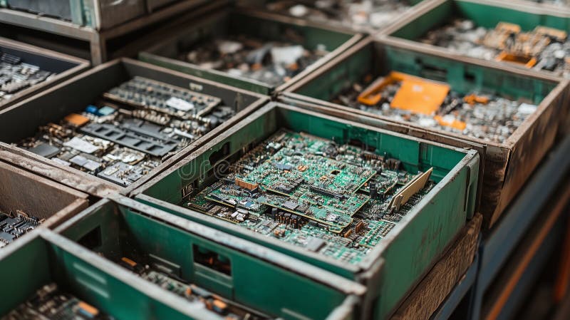 Green Plastic Containers Filled with Old Computer Boards and Electronic ...