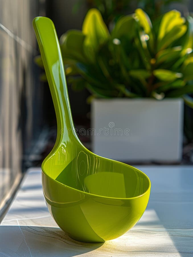 Green Plastic Ladle on a White Table with Green Plants in the ...