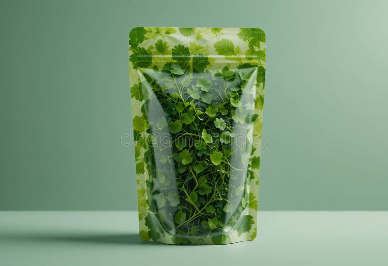 Green Plastic Packaging with Grains on Light Background Stock ...