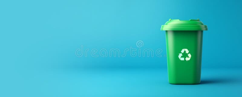 Green Plastic Recycle Bin Eco Banner with Copy Space Isolated on Blue ...