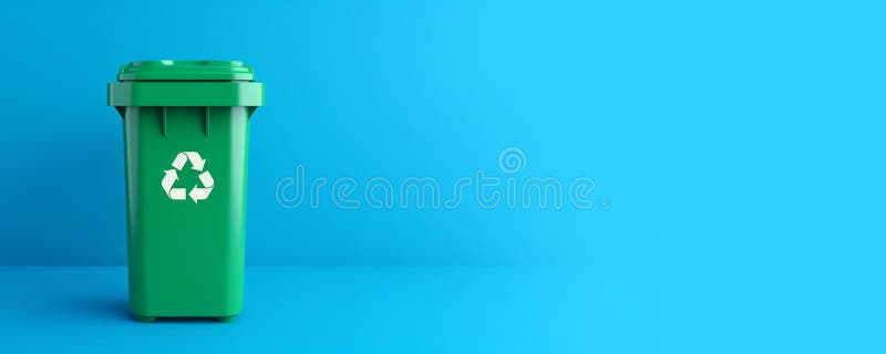 Green Plastic Recycle Bin Eco Banner with Copy Space Isolated on Blue ...