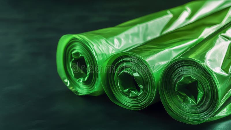 Green Plastic Rolls Stacked Neatly on a Dark Surface Showcasing Eco ...