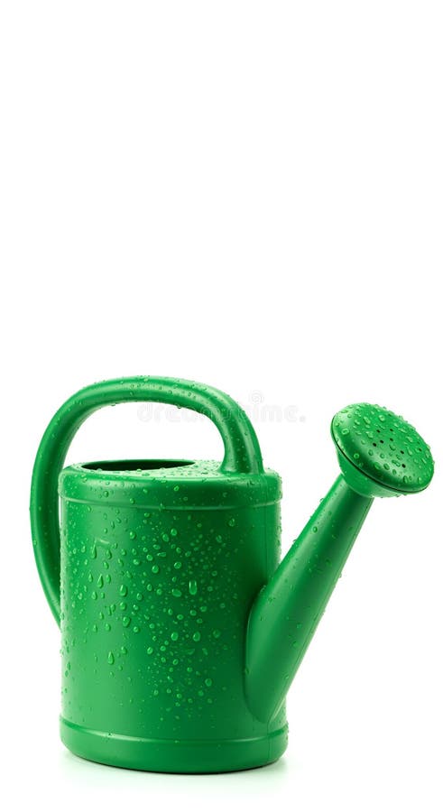 A Green Plastic Watering Can with Water Droplets on Surface, Isolated ...