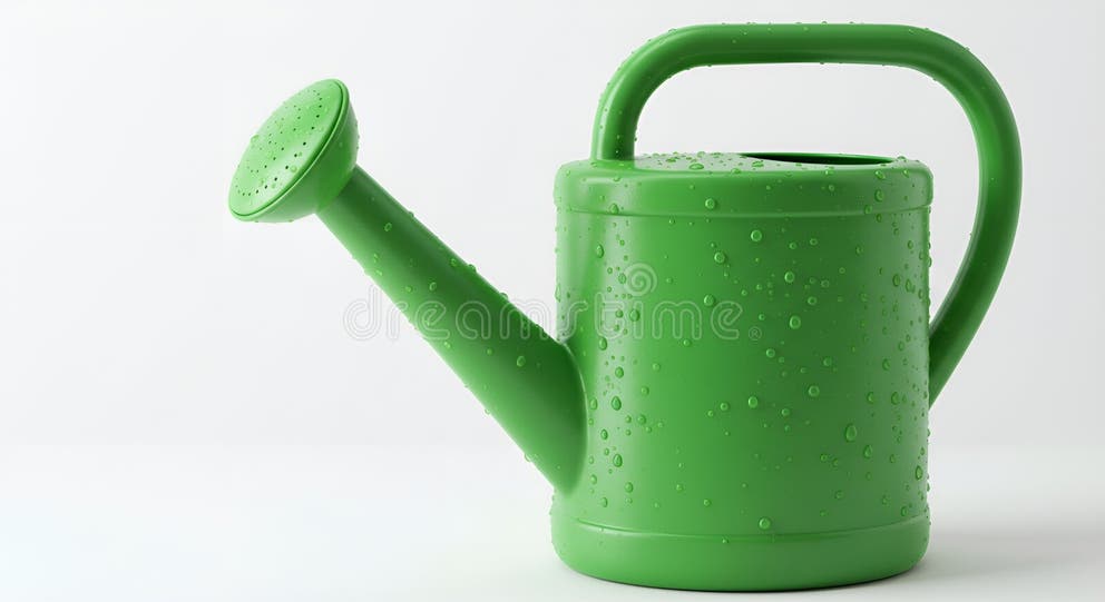 A Green Plastic Watering Can with Water Droplets on Surface, Isolated ...