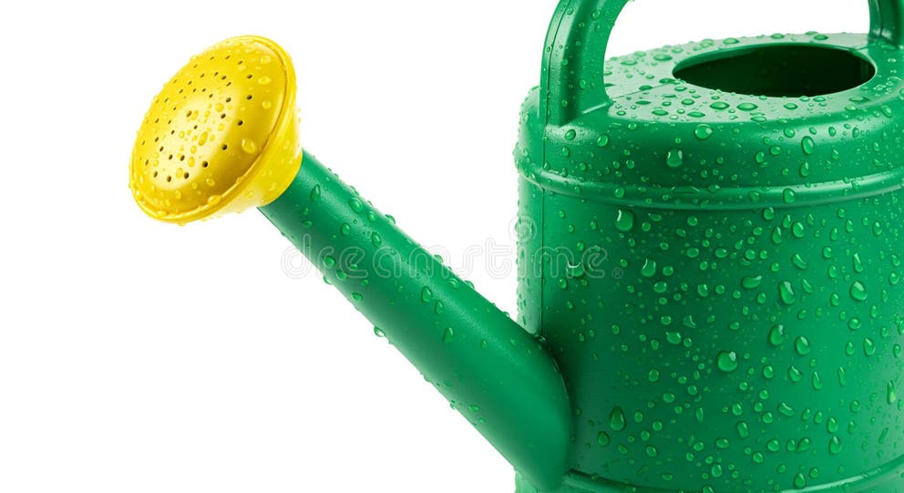 A Green Plastic Watering Can with Water Droplets on Surface, Isolated ...