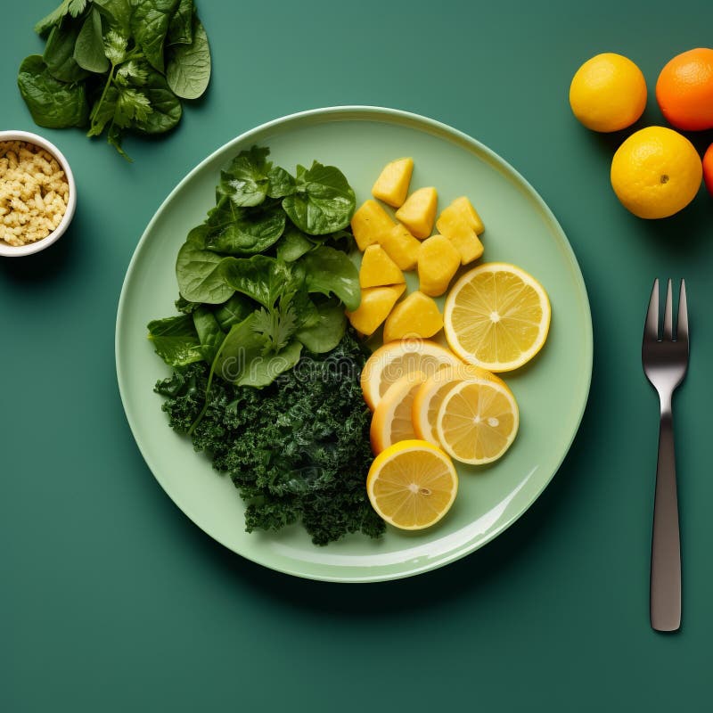 A Green Plate with Fruit and Vegetables on it Stock Image - Image of ...
