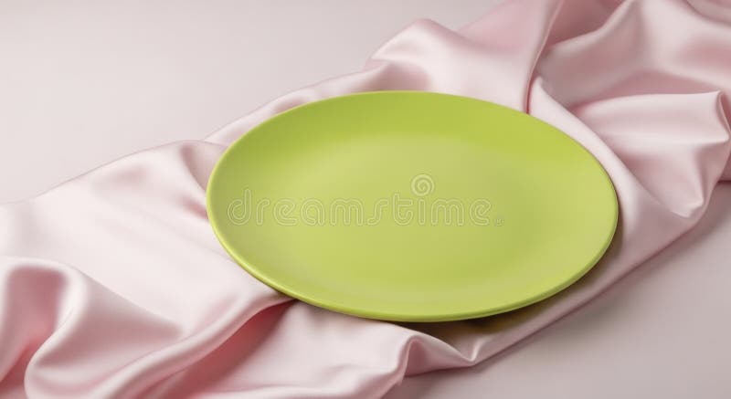 Green Plate on Silk Fabric Simple Elegant Table Setting Stock ...