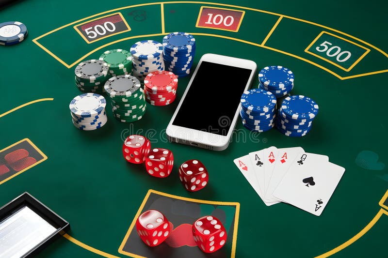 Green Poker Table with Chips, Dice, Smartphone, and Royal Flush in ...