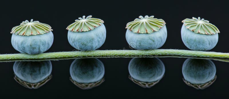 Green Poppy Seed Cases on a Glossy Black Background with Space for Text ...