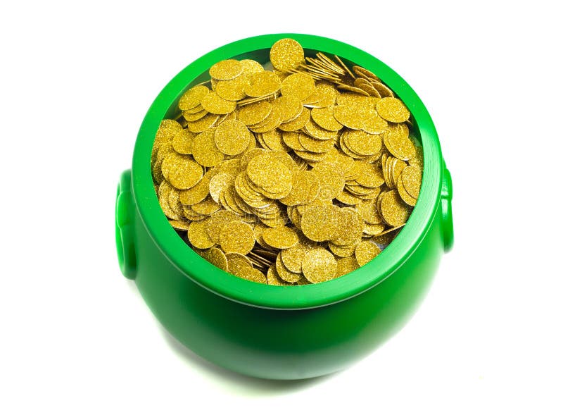 Green Pot Full of Golden Coins on a White Background Stock Photo ...