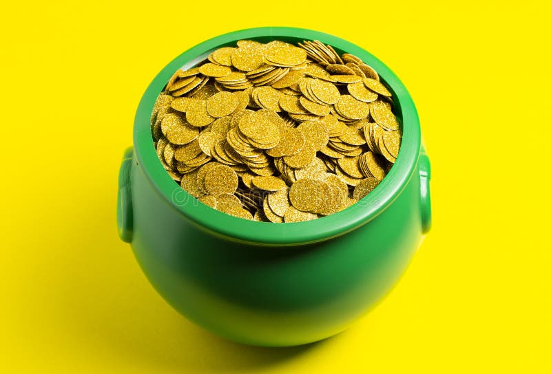 Green Pot Full of Golden Coins on a Yellow Background Stock Image ...