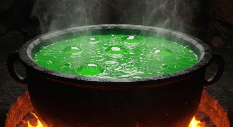 Green Potion Boiling in a Cauldron Over an Open Fire Stock Illustration ...