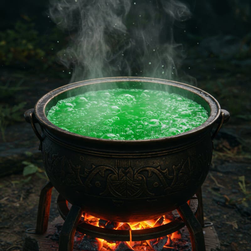 Green Potion Boiling in a Rustic Cauldron Over an Open Fire Stock ...