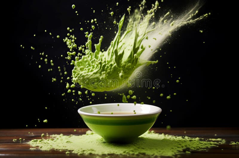 Green Powder Explosion Above Ceramic Bowl Stock Image - Image of ...