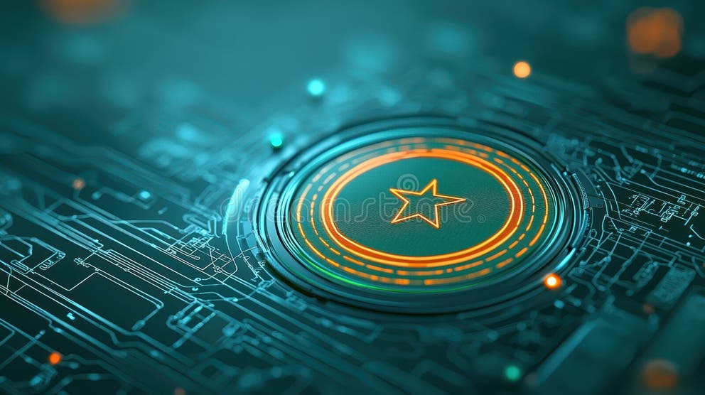 Green Power Button with Star Symbol on Electronic Circuit, Activate and ...