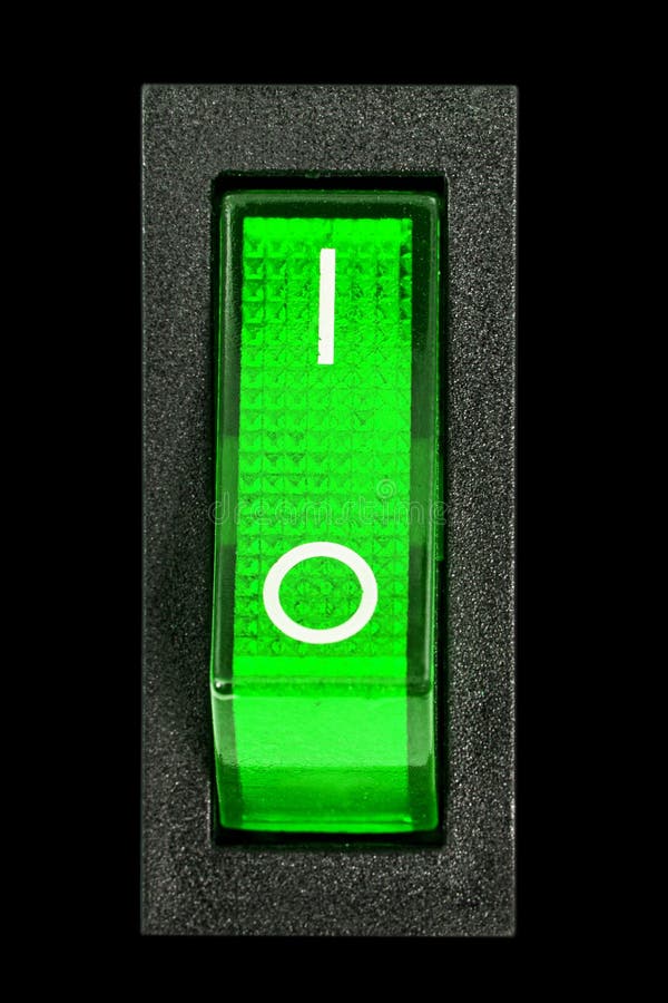 Green Power Switch at on Position, Isolated on Black Background Stock ...