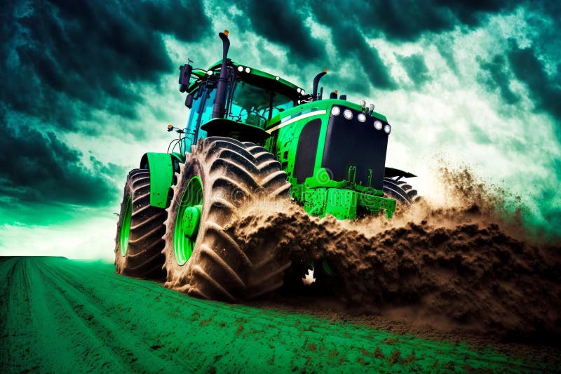Green Powerful Agricultural Tractor Plows Field with Dense Earth Stock ...