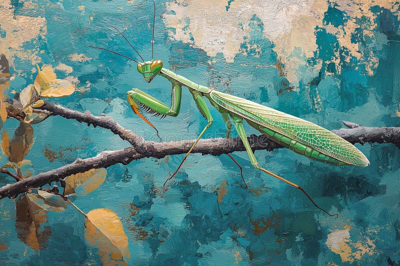 Green Praying Mantis Climbing on a Small Branch in the Forest Stock ...