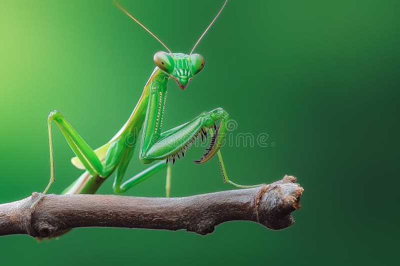 Green Praying Mantis Climbing on a Small Branch in the Forest Stock Photo - Image of beautiful ...