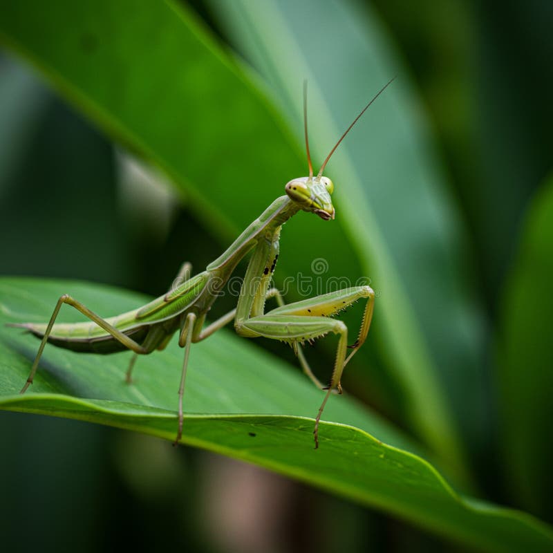 Green Praying Mantis (Mantodea) Perched on a Broad Leaf. the Mantis Has ...