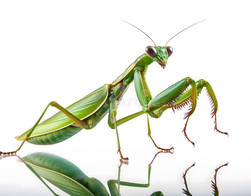 Green Praying Mantis with Reflection on White Surface Stock ...