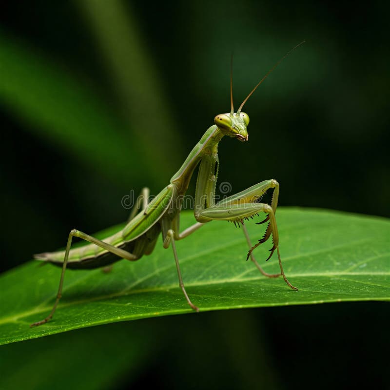 A Green Praying Mantis Sits on a Branch with Raised Predatory Forelegs ...