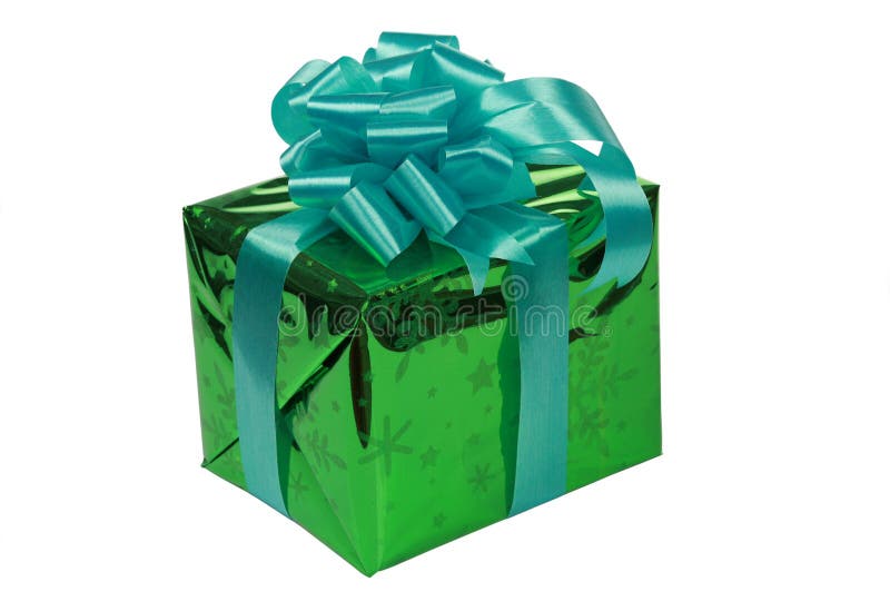 Green Present with Blue Ribbons Stock Photo - Image of green, wrapped ...