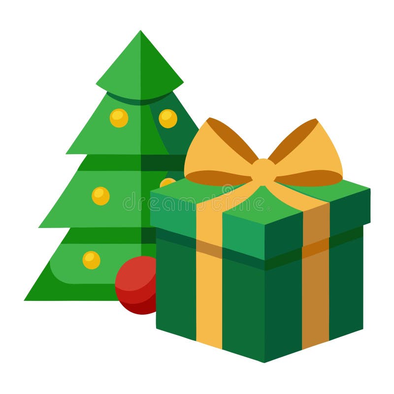 A Green Present Box with a Gold Bow and a Christmas Tree. Stock Vector ...