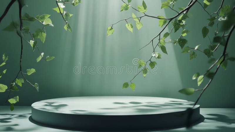 Green Product Display Platform with Sunlight and Leaves Stock ...
