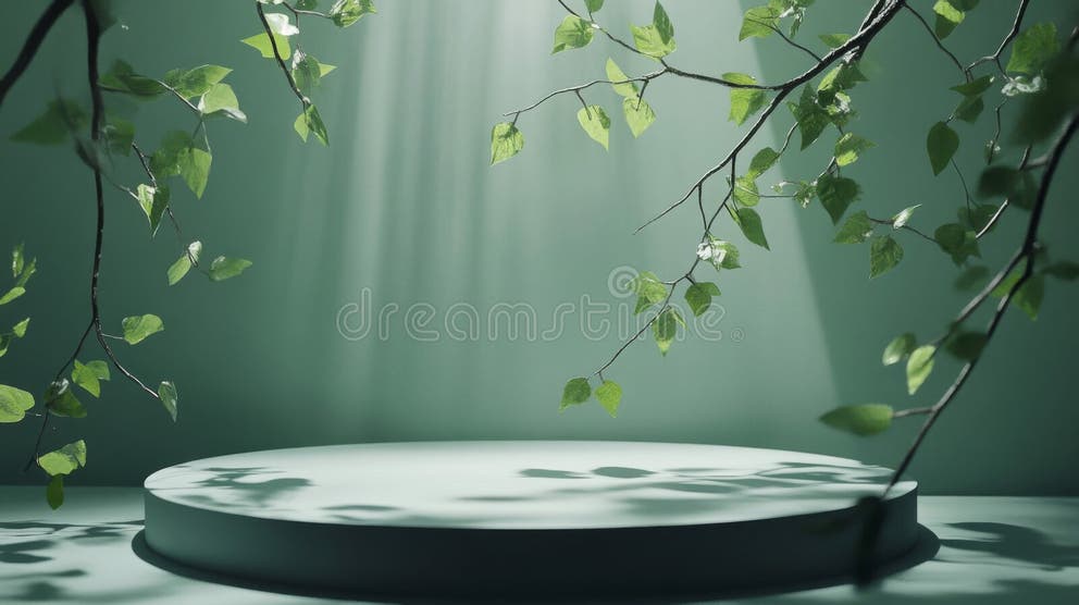 Green Product Display Platform with Sunlight and Leaves Stock ...