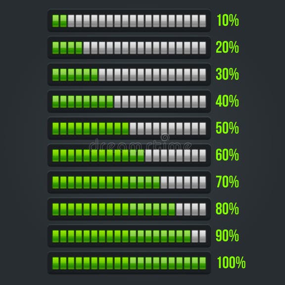 Green Progress Bar Set. 10-100 Stock Vector - Illustration of shiny ...