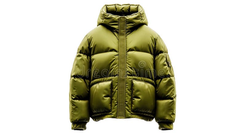 A Green Puffer Jacket with a Hood on a White Background Stock ...