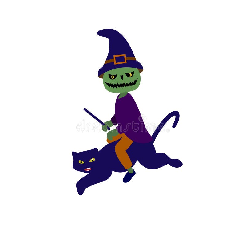 Green Pumpkins Witch Riding a Scary Cat Stock Vector - Illustration of ...