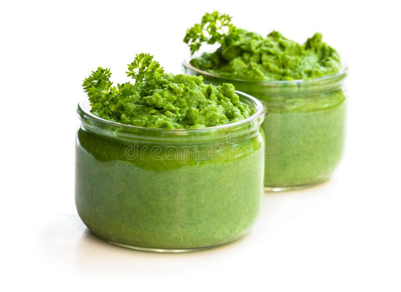 Green Puree in Glass Jars Isolated on White Stock Photo - Image of ...