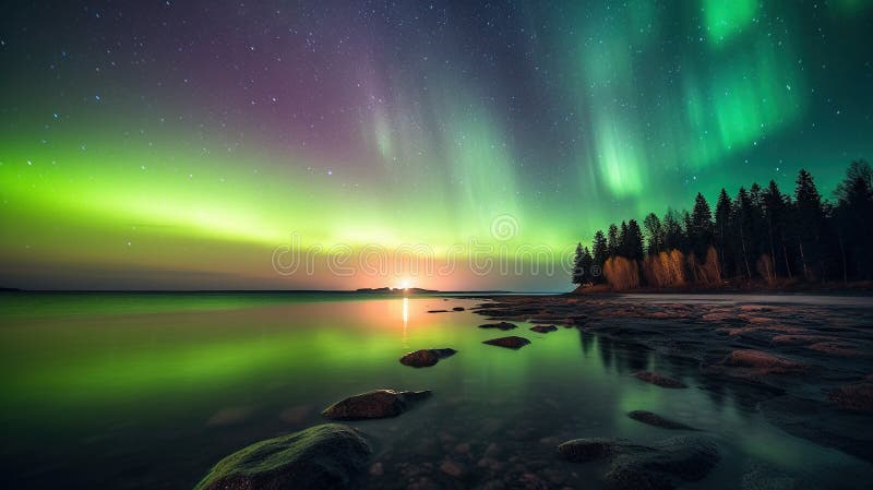A Green and Purple Aurora Bore Over a Body of Water Stock Illustration ...