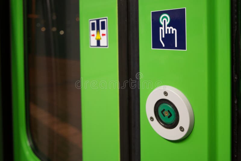 Green Push Button for Open the Door on Train`s Automatic Door. Stock ...