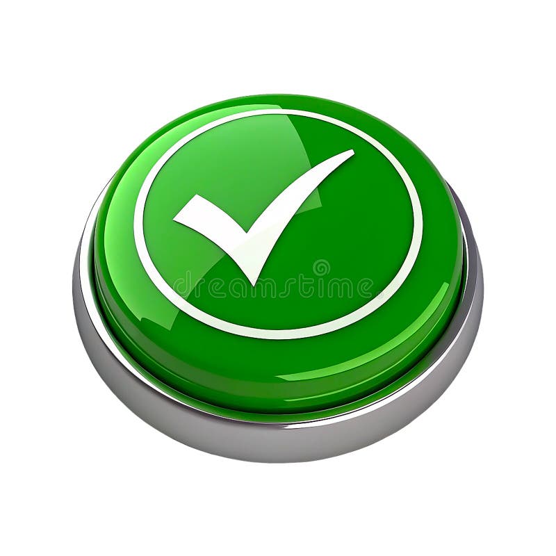 A Green Push Button with a White Check Mark in the Center Isolated on a ...