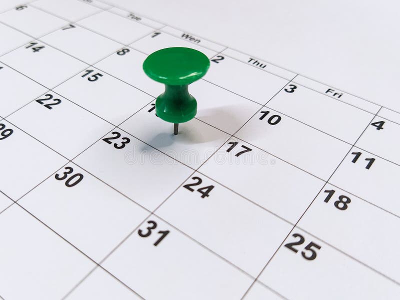Green Pushpin Stuck into Calendar, Event Reminder Stock Image - Image ...
