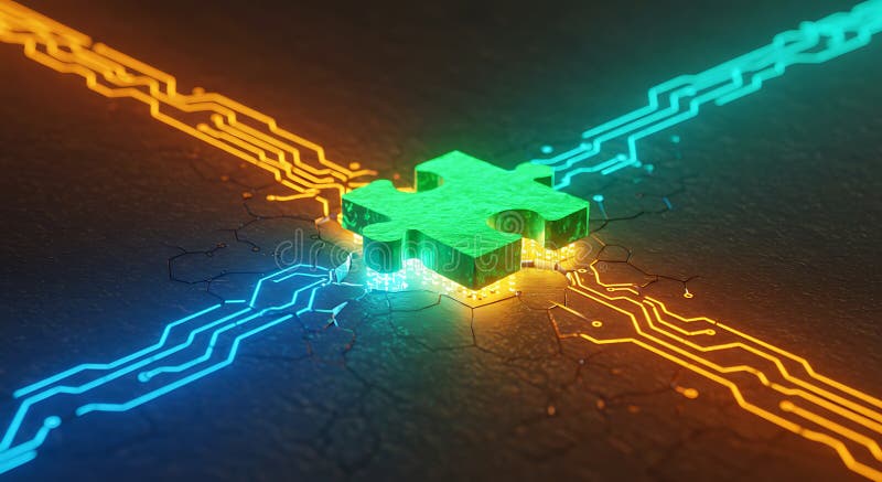 Green Puzzle Piece Connecting Digital Circuits with Glowing Lines ...