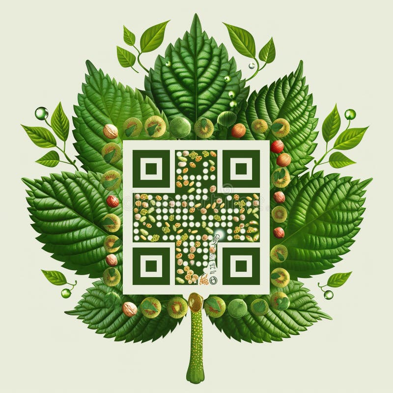 Green QR Code Surrounded by Lush Leaves and Nuts on a White Background ...