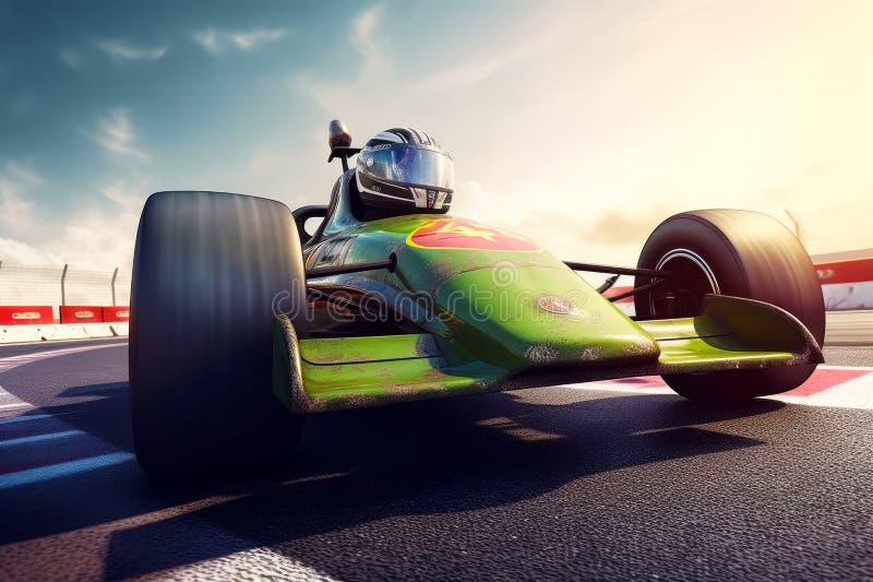 Man Driving Green Race Car on Top of Track in Tunnel. Generative AI ...