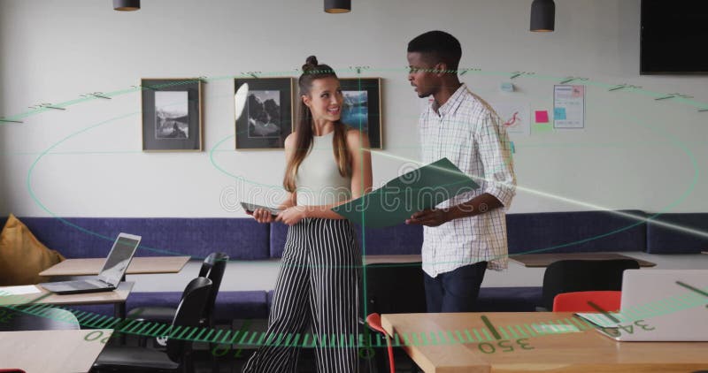 Green Radar Image Over Diverse Colleagues Discussing Documents in ...