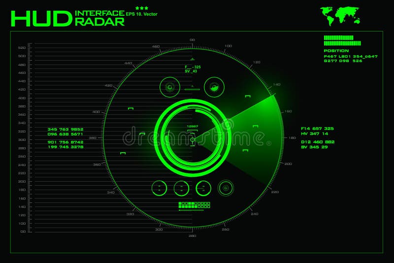 Green Radar Screen on Black Background, HUD Interface Stock Vector ...