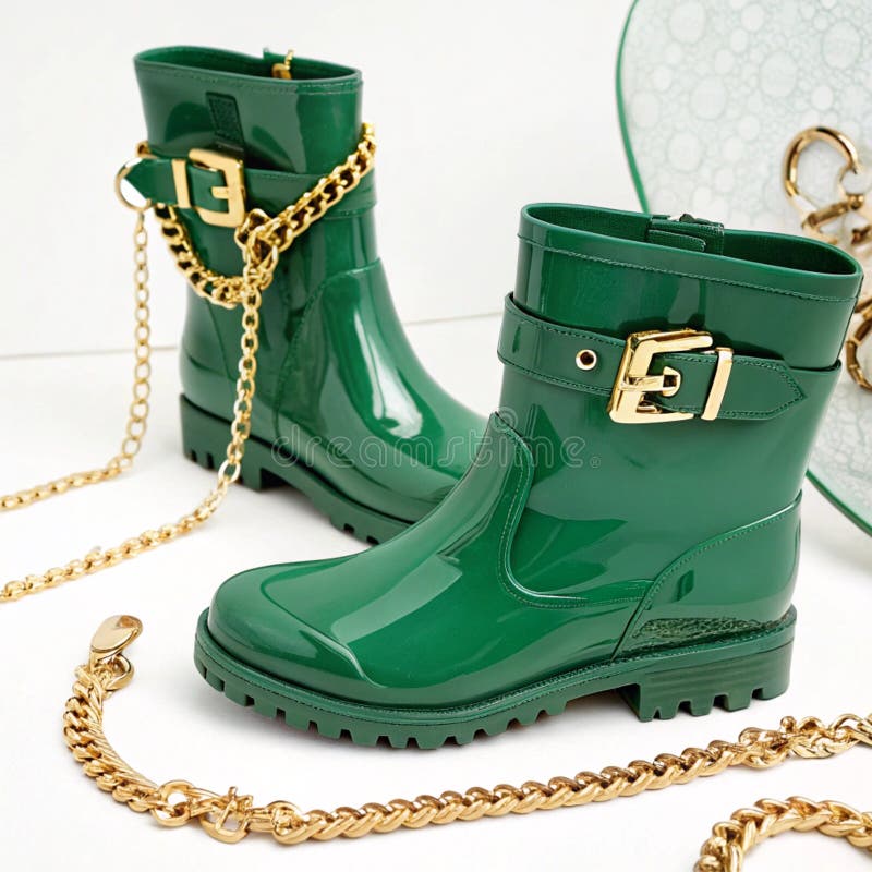 Green Rain Boots with Gold Buckles Stock Illustration - Illustration of ...