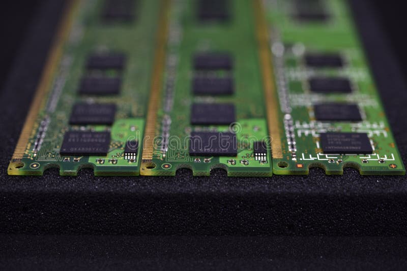 Green RAM Strips on Black Foam. Computer Chips Close-up Stock Photo ...