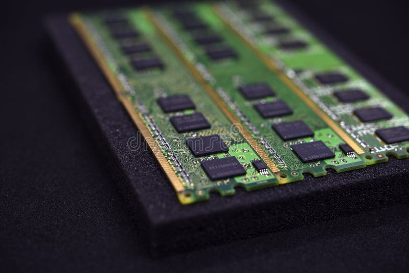 Green RAM Strips on Black Foam. Computer Chips Close-up Stock Image ...