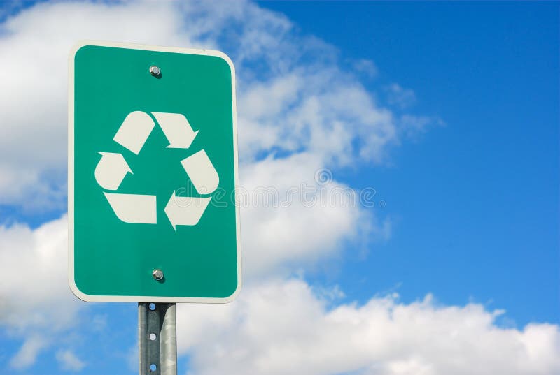 Green Real Recycling Panel Sign on Blue Sky Stock Photo - Image of ...