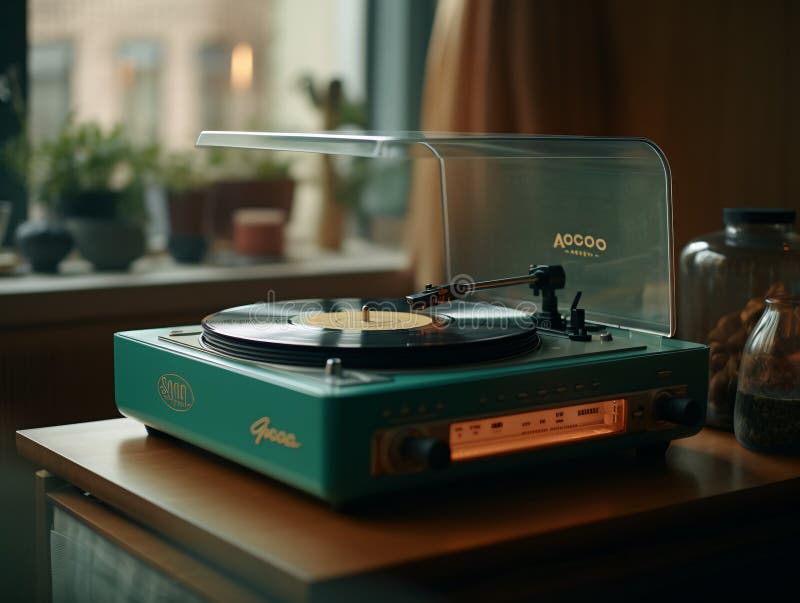 A Green Record Player with a Transparent Lid Sitting on a Wooden Table ...