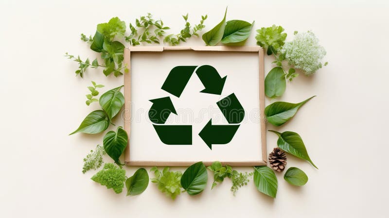 A Green Recycle Symbol in a Brown Frame Surrounded by Green Leaves on a ...