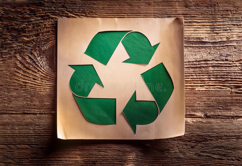 Green Recycle Symbol Cut from Paper on Rustic Wooden Background Stock ...